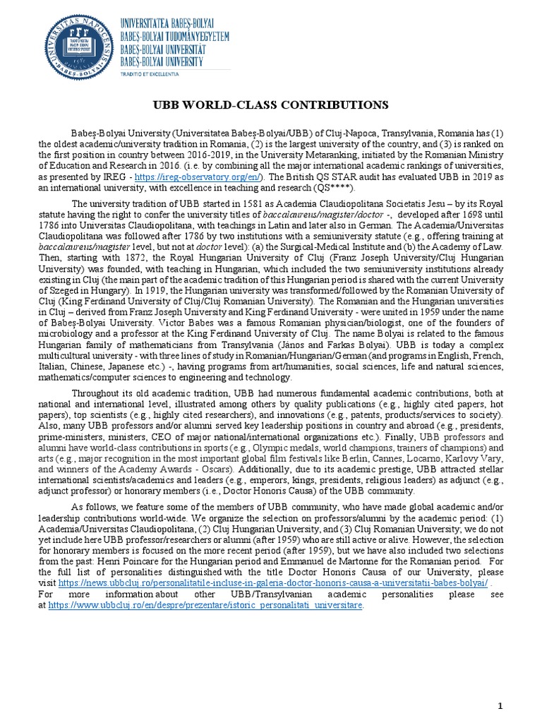 UBB World Class Academic Contributions v2 | PDF