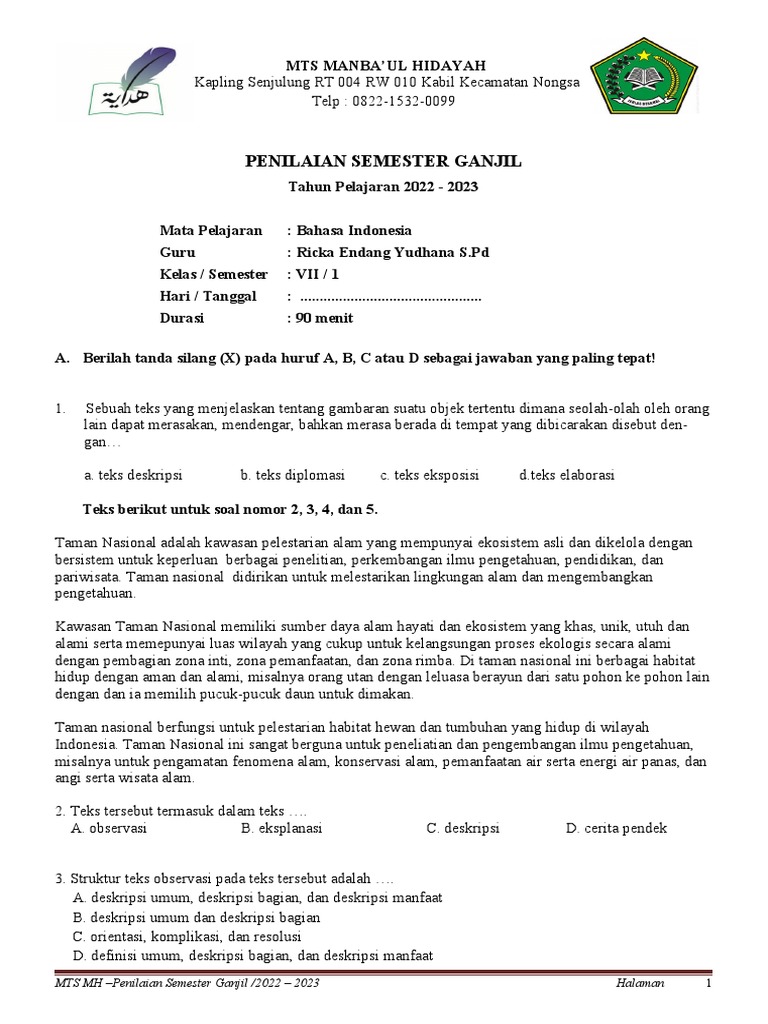 Soal B. Indo KLS 7 PTS Ganjil | PDF