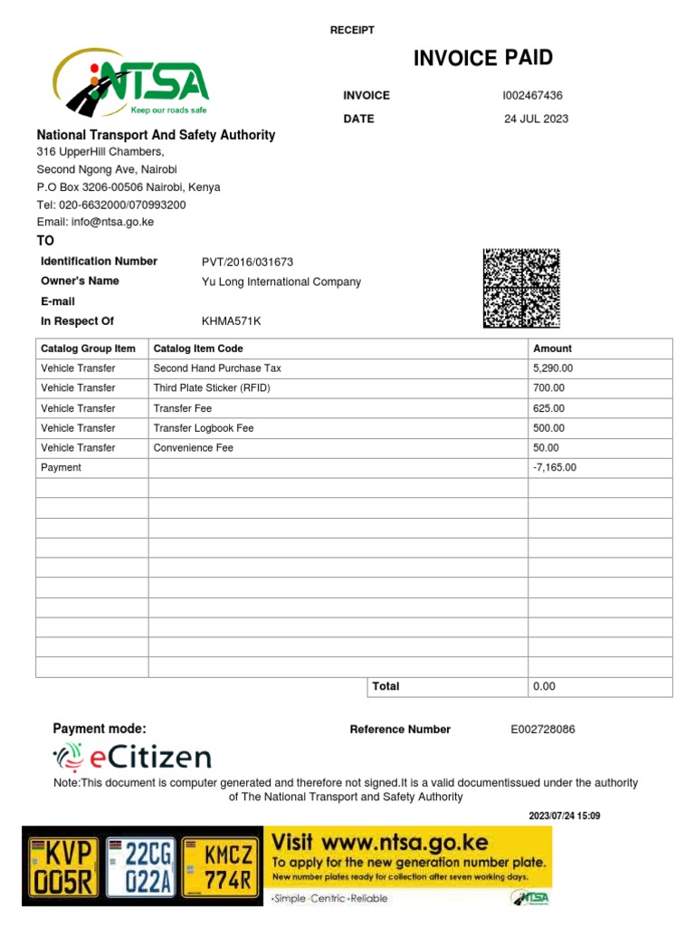 Invoice Paid: National Transport and Safety Authority | PDF