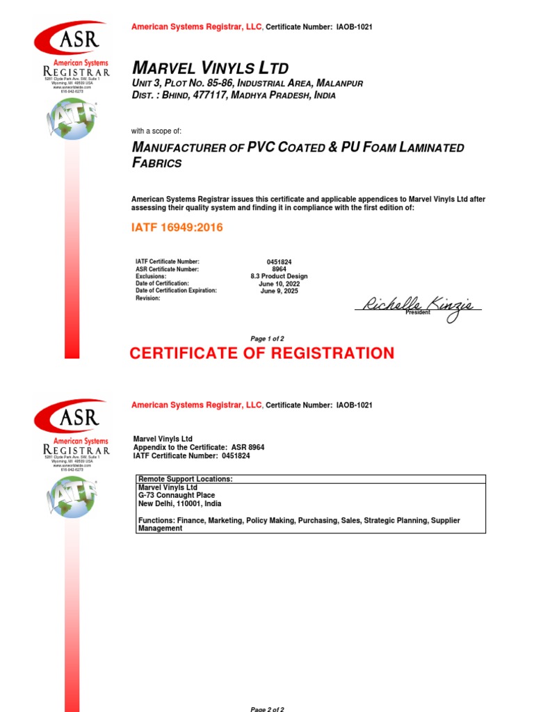 Marvel Vinyls IATF Certificate Latest | PDF