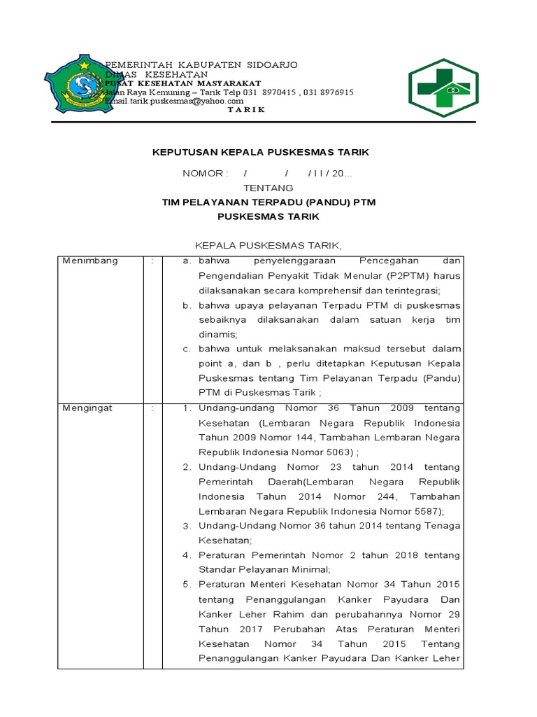 Keputusan Tim Pandu PTM Puskesmas Tarik | PDF