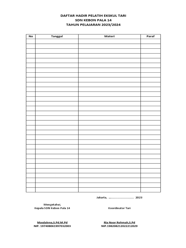 Daftar Hadir Pelatih Ekskul Tari New | PDF Daftar Hadir Pelatih Ekskul Tari New | PDF