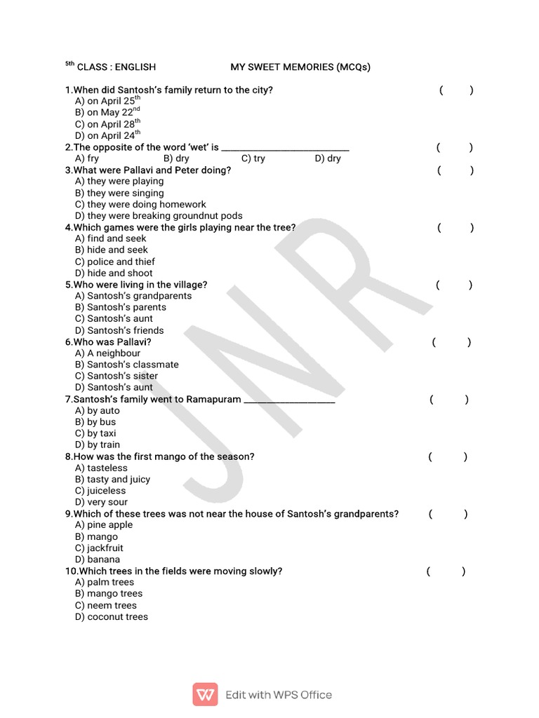 5th Class English - My Sweet Memories - Mcqs | PDF | Tropical Fruit 5th Class English - My Sweet Memories - Mcqs | PDF | Tropical Fruit