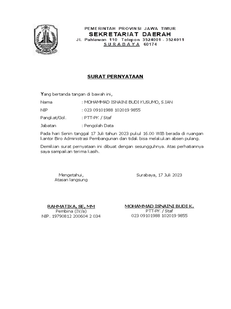 Surat Pernyataan Lupa Absen | PDF