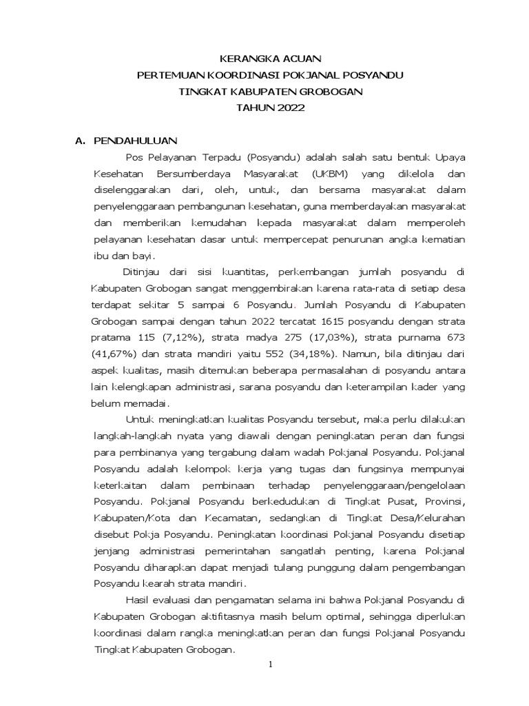 Kerangka Acuan Pokjanal Posyandu 2022 | PDF