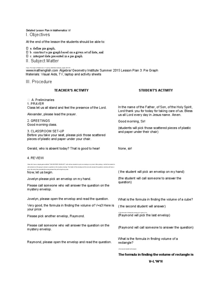 Detailed Lesson Plan Math | PDF | Pie Chart | Volume
