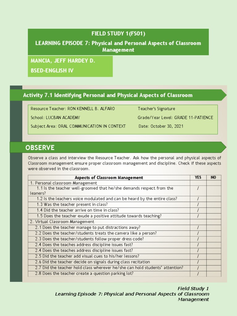 ManciaJHD FS01 PO7 | PDF | Classroom Management | Teachers