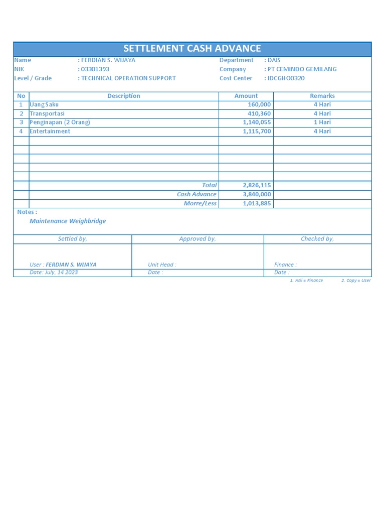 Cash Advance Settlement Overview | PDF