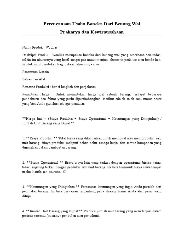 Perencanaan Usaha Boneka Dari Benang Wol | PDF