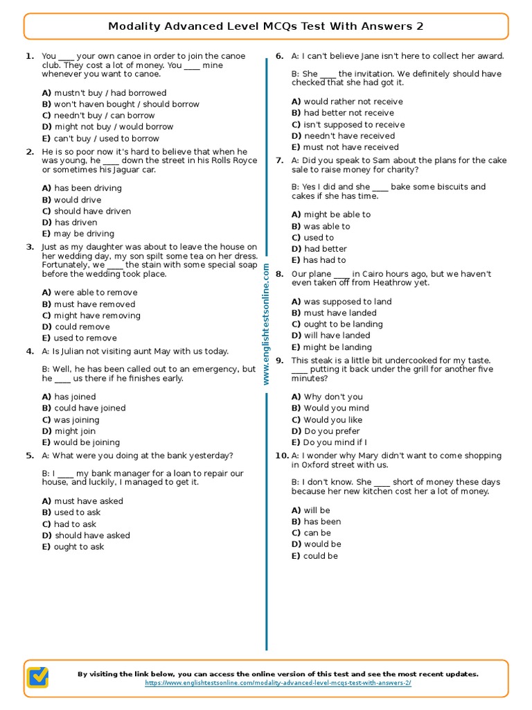 889 - Modality Advanced Level Mcqs Test With Answers 2 | PDF