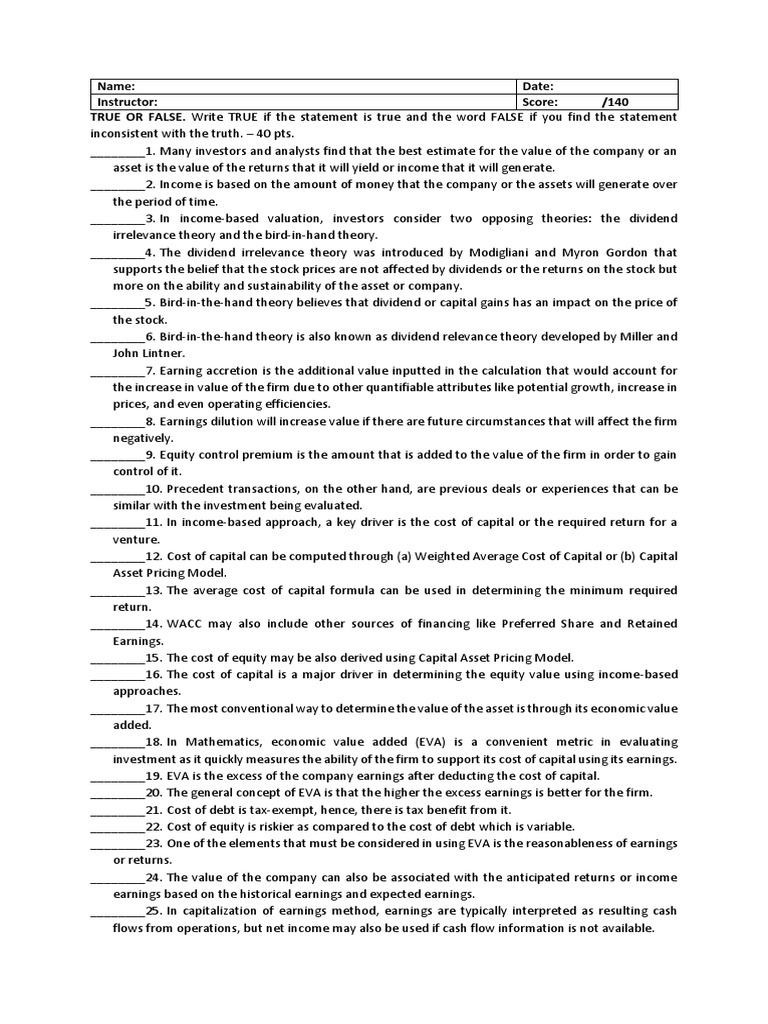 Income-Based Valuation True/False Quiz | PDF | Cost Of Capital ...
