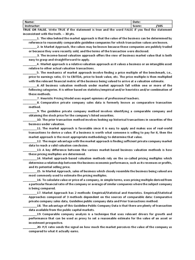 Market Approach Valuation Concepts | PDF | Valuation (Finance) | Book Value