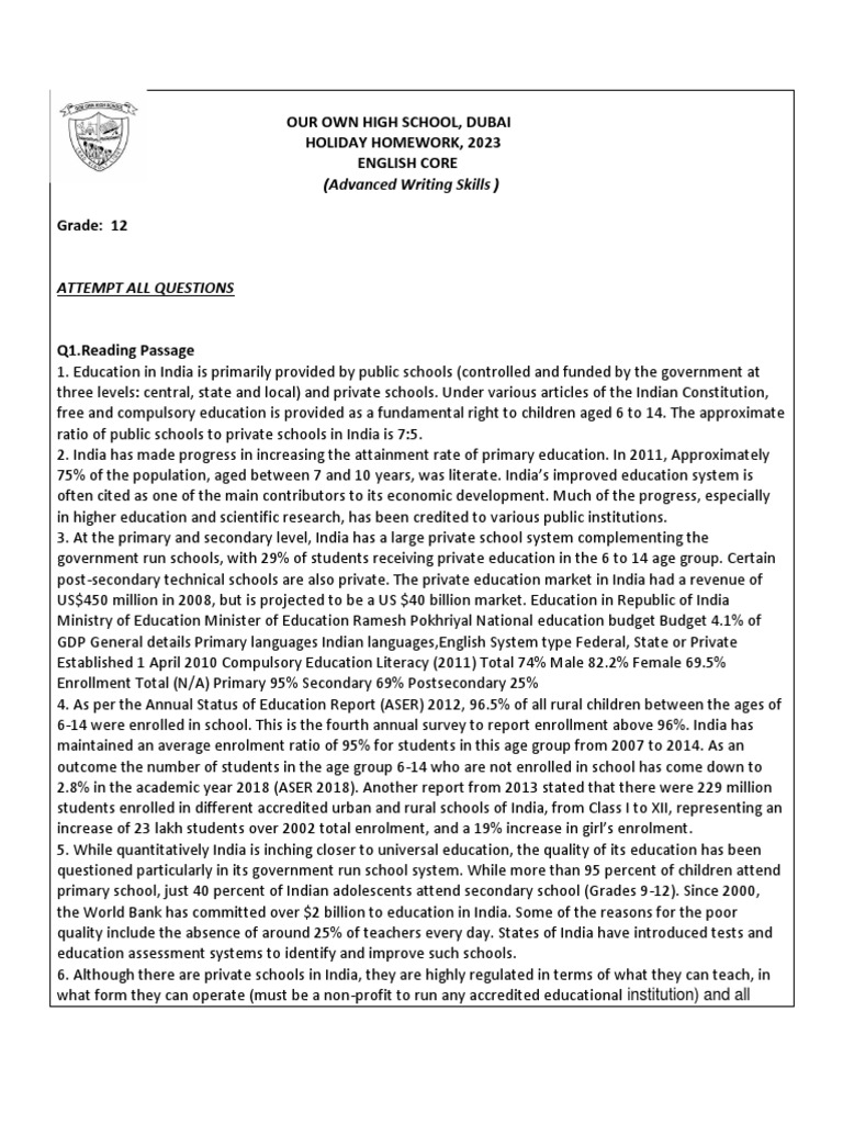Grade 12 English Homework | PDF | Private School