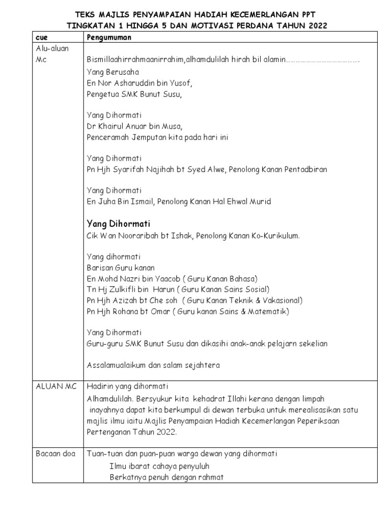 Teks MC Majlis Penyampaian Sijil SPM Smkbs 2022 | PDF