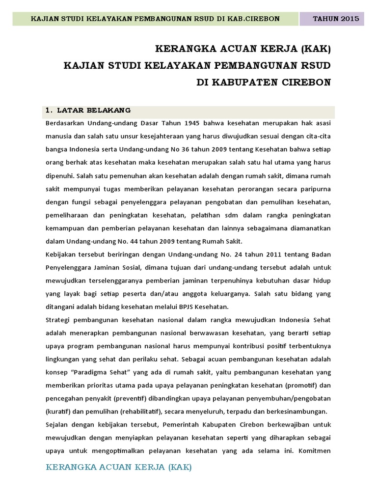 2018 - KAK - RSUD - Kajian Studi Kelayakan - Kab - Cirebon | PDF