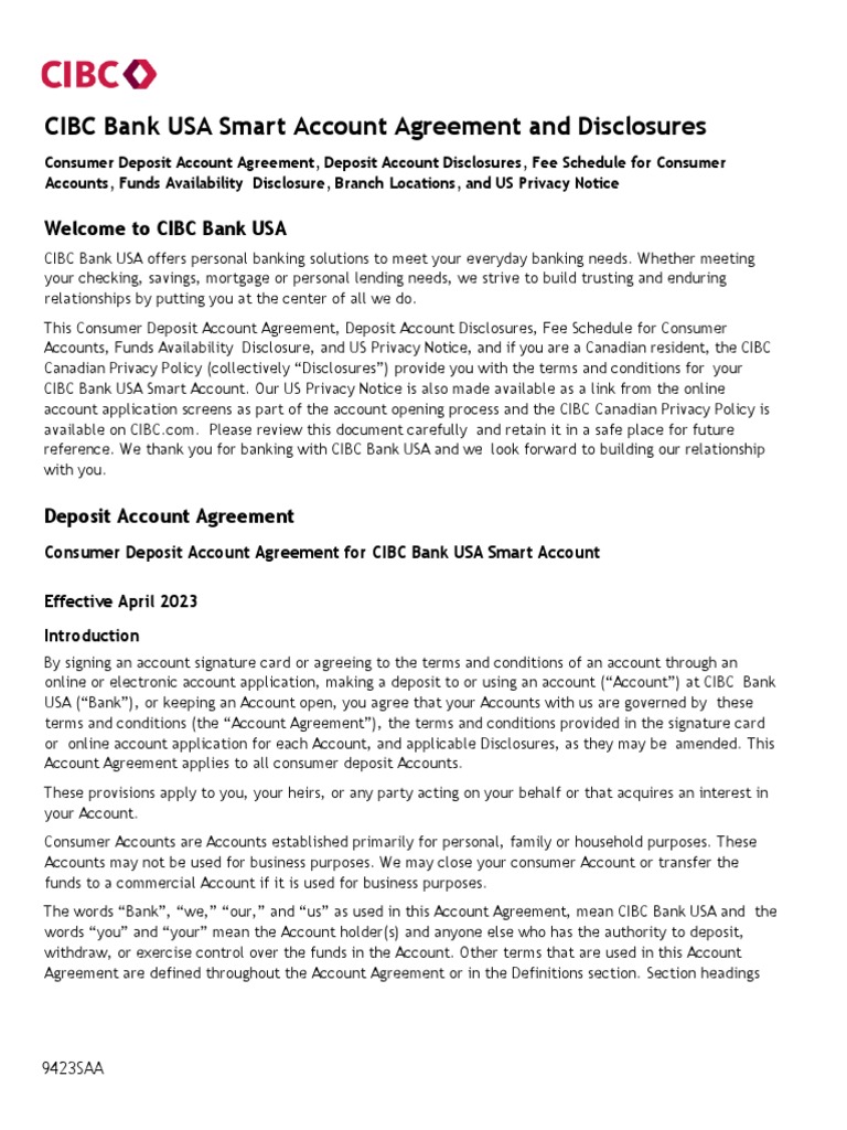 Cibc Bank Usa Smart Account Agreements and Disclosures | PDF ...