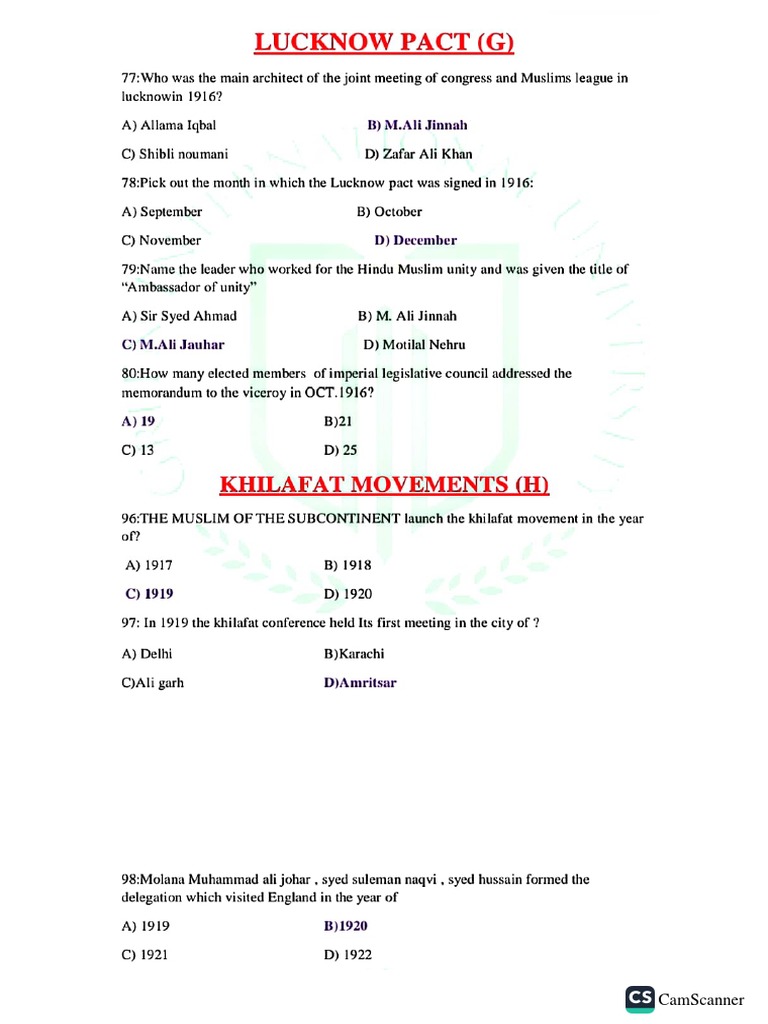 Lucknow Pact Mcqs | PDF