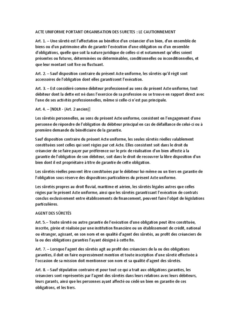 Acte Uniforme Portant Organisation Des Suretes | PDF