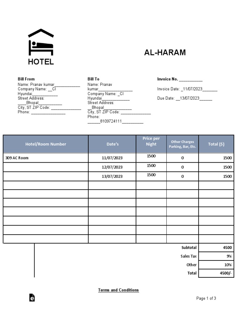 Hotel Invoice Template | Download Free PDF | Credit Card | Payments