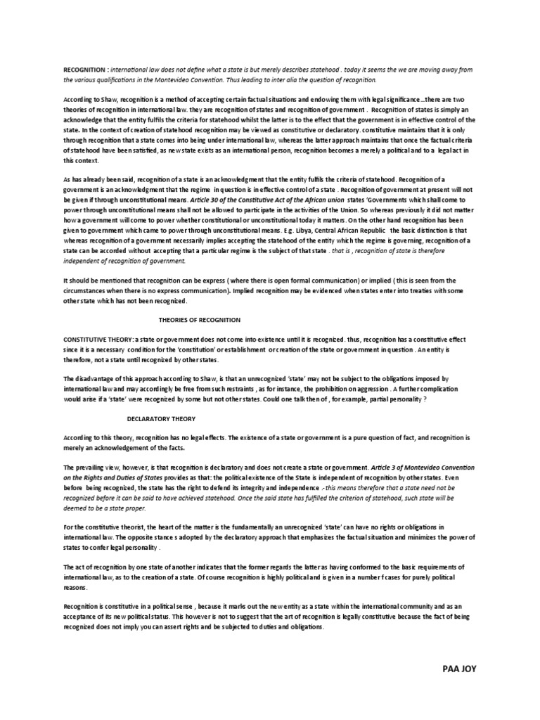RECOGNITION | PDF | Sovereign State | International Law