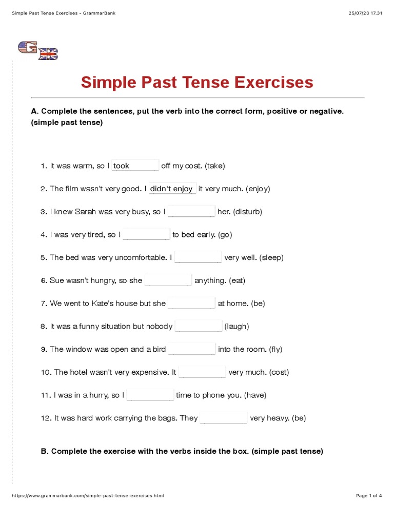 Simple Past Tense Exercises - GrammarBank | PDF | Syntax | Linguistic ...
