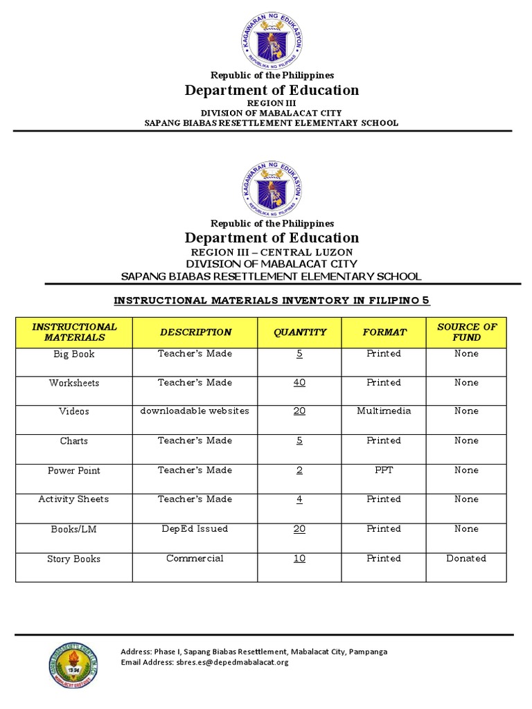 Instructional Materials Inventory Filipino 5 | PDF