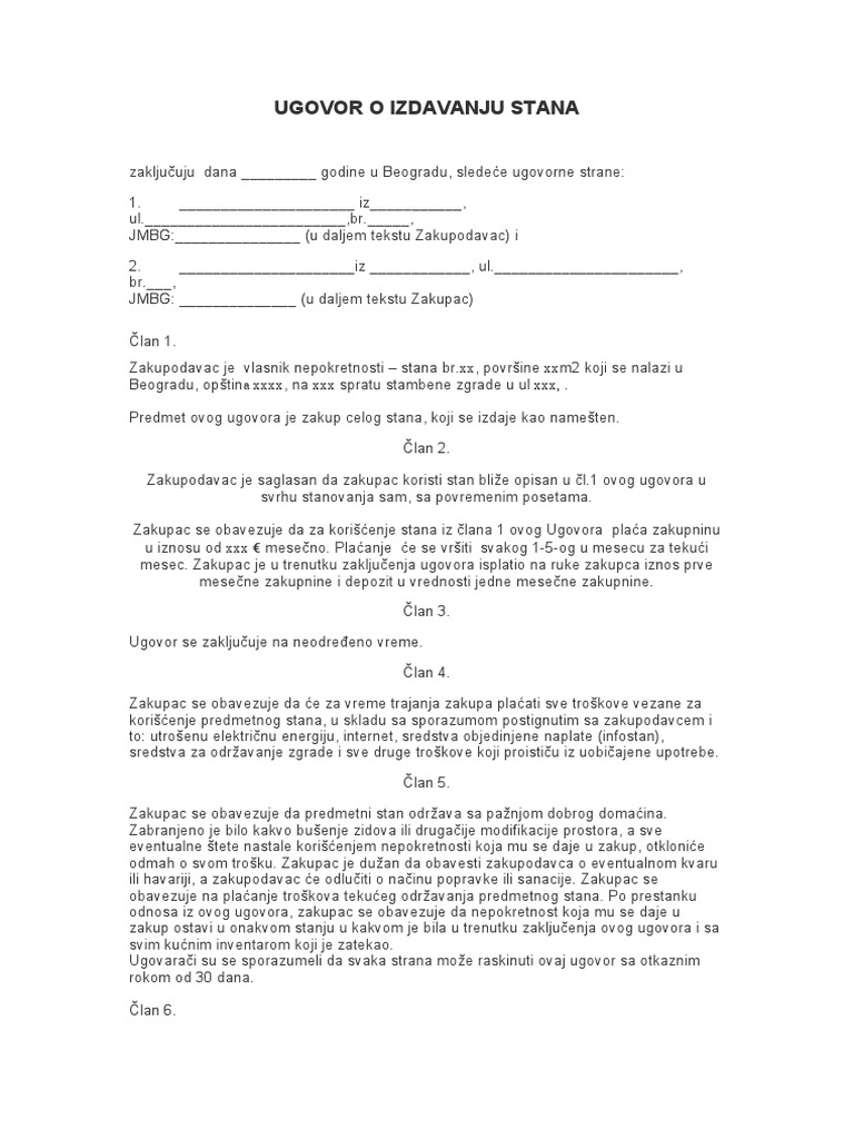 UGOVOR O IZDAVANJU STANA v1 | PDF