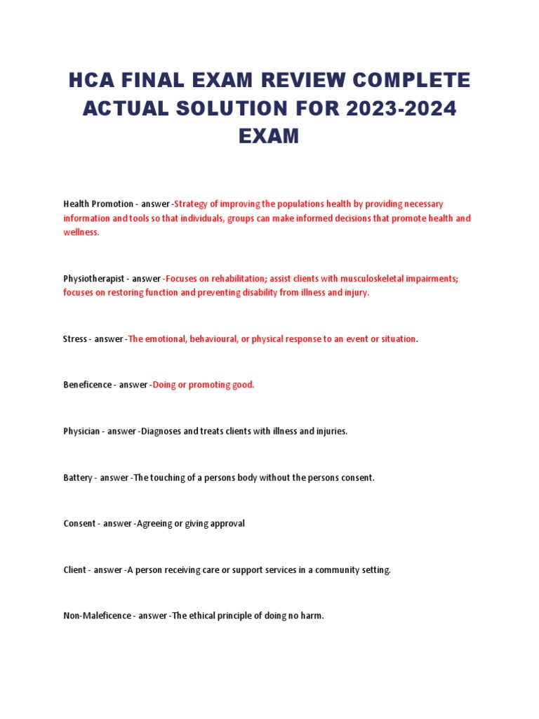 Hca Final Exam Review Complete Actual Solution For 2023 | PDF