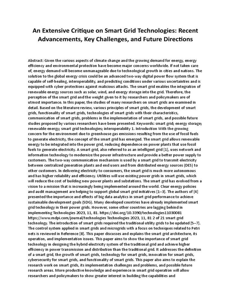An Extensive Critique On Smart Grid Technologies: Recent Advancements, Key Challenges, and ...