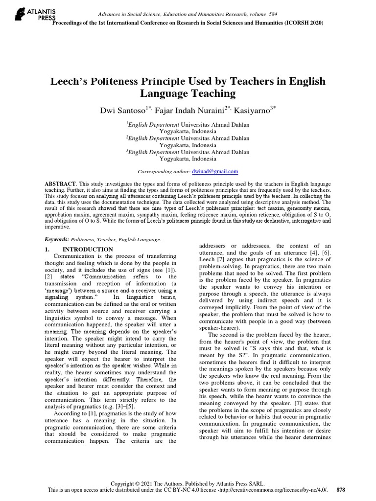 Leech's Politeness Principle Used by Teachers | PDF