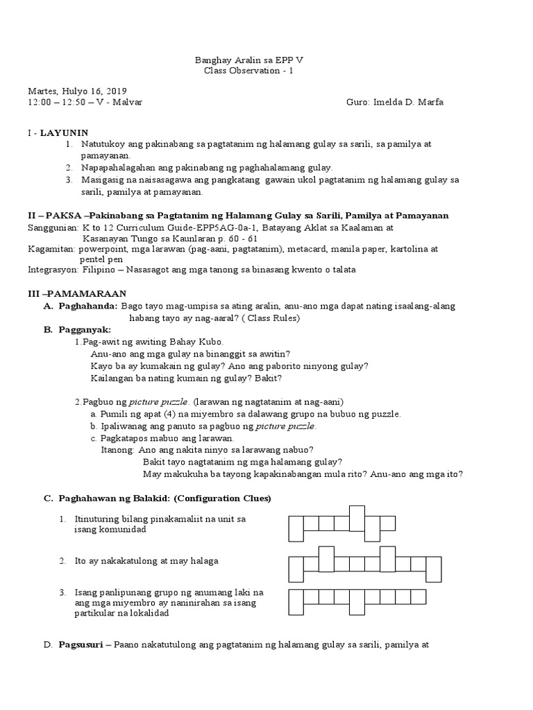 COT 1 Banghay Aralin Sa EPP V Edited | PDF