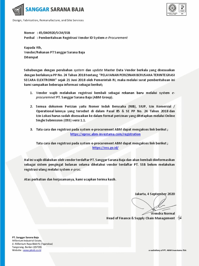 202009 - Surat Edaran Registrasi Vendor | PDF