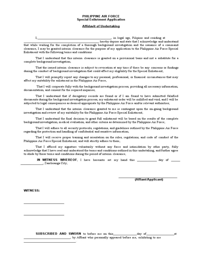 AFFIDAVIT OF UNDERTAKING Special Enlisment | PDF | Affidavit | Background Check
