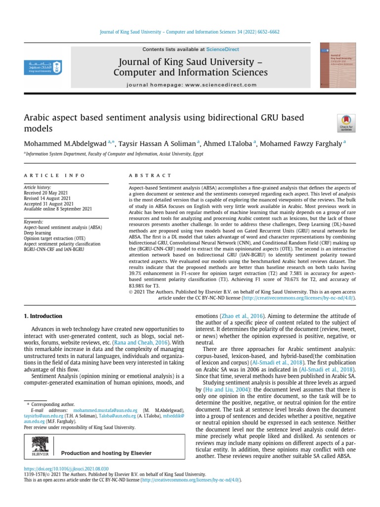 Arabic Aspect Based Sentiment Analysis Using Bidirectional GRU | PDF | Cognition | Information ...
