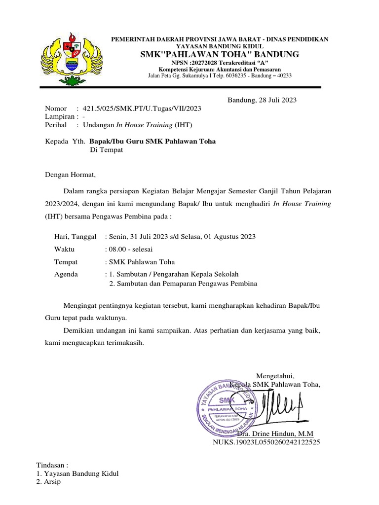 Undangan In House Training SMK Pahlawan Toha | PDF