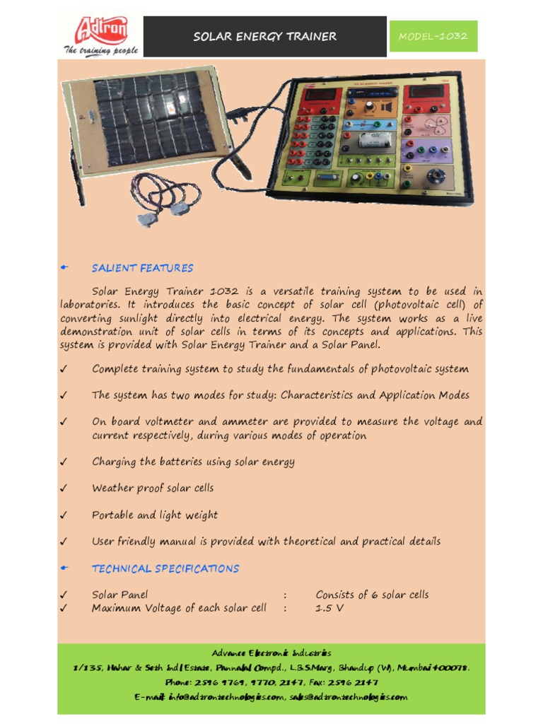Solar Energy Trainer: Salient Features | PDF | Solar Cell | Solar Panel