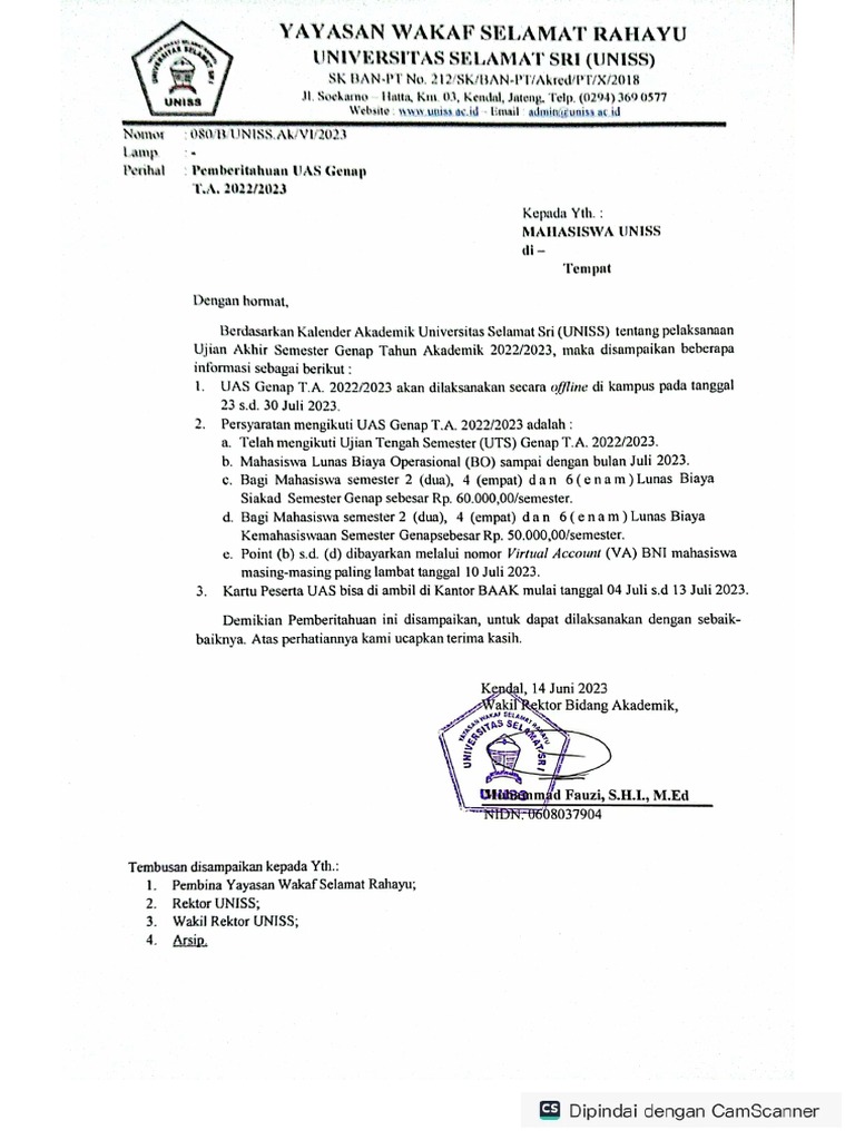 Surat Pemberitahuan Uas Genap 22-23 Mahasiswa | PDF