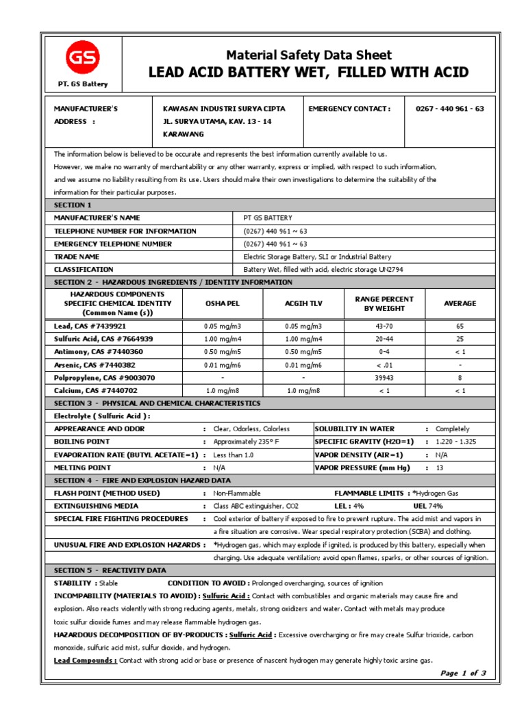 MSDS Lead Acid Battery Wet-Filled With Acid Rev - Apr12 | PDF