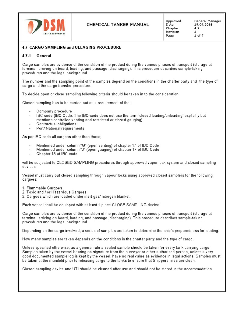 Chemical Tanker Sampling Guide | PDF | Oil Tanker | Pump