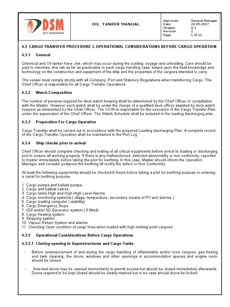 4.3 Cargo Transfer Procedure and Operational Considerations Before ...
