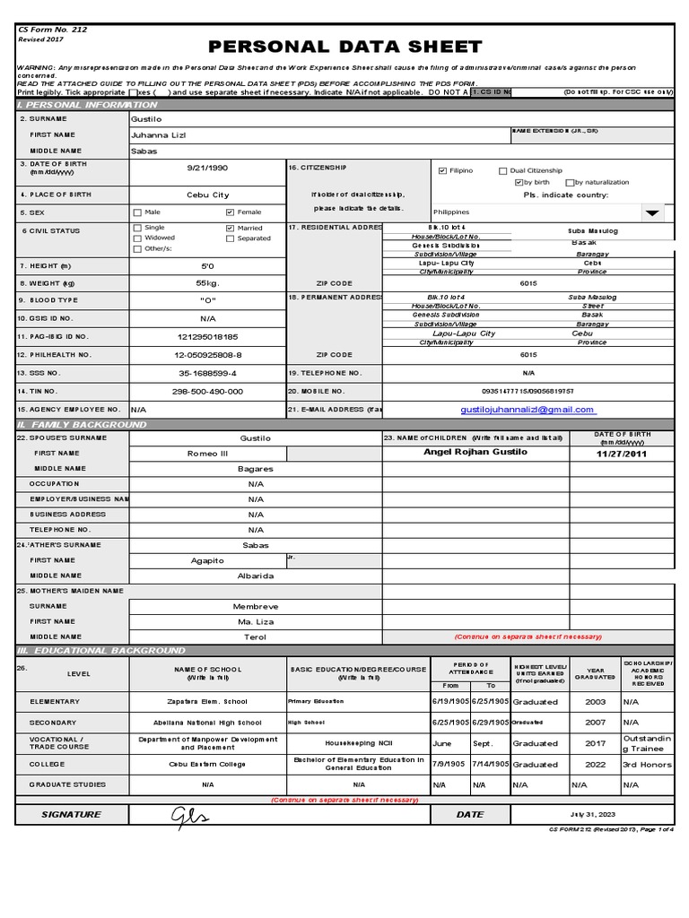 B. Personal Data Sheet PDS | PDF