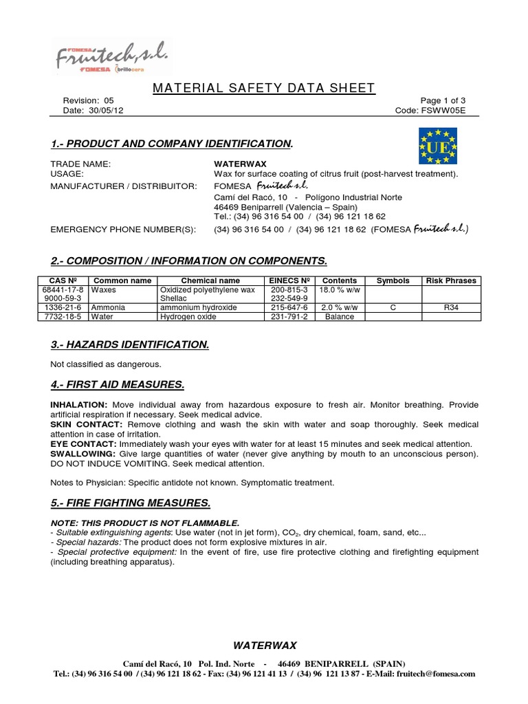 WATERWAX Msds English | PDF | Water | Personal Protective Equipment