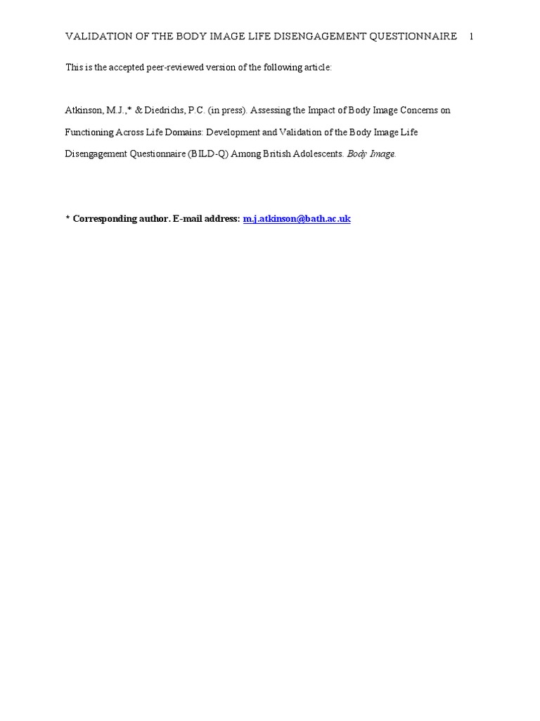 Validation of The Body Image Life Disengagement Questionnaire 1 | PDF ...