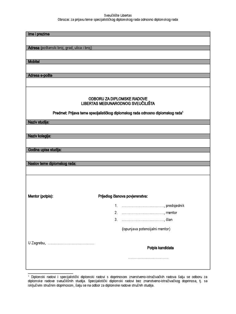Obrazac Za Prijavu Dipl. Rada | PDF
