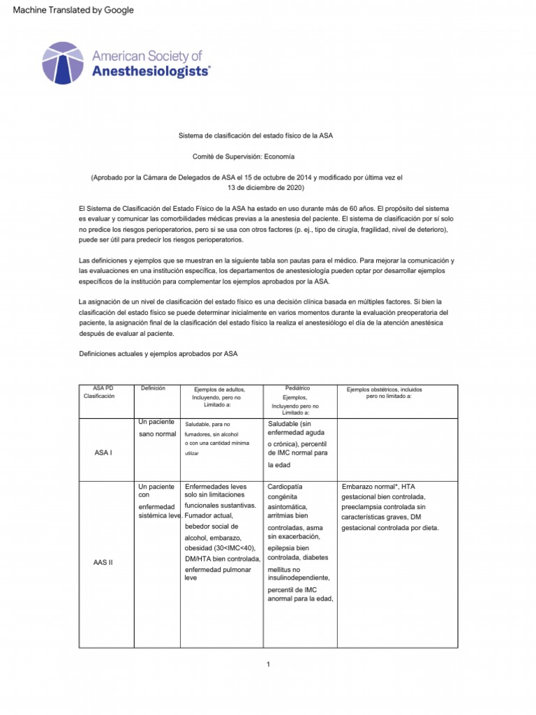 Clasificación ASA de Pacientes Anestésicos | PDF