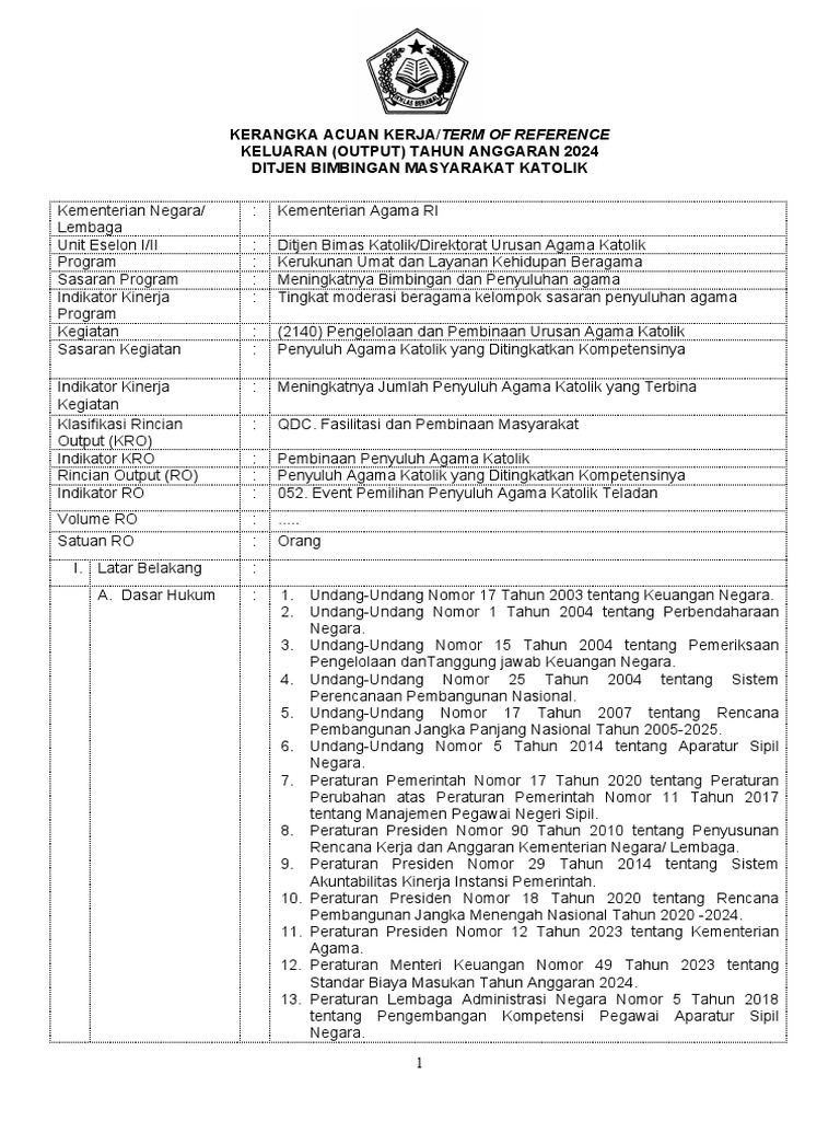 KAK TOR Penyuluh Teladan KRO.2140.QDC.002.051 - Juli 2024 | PDF