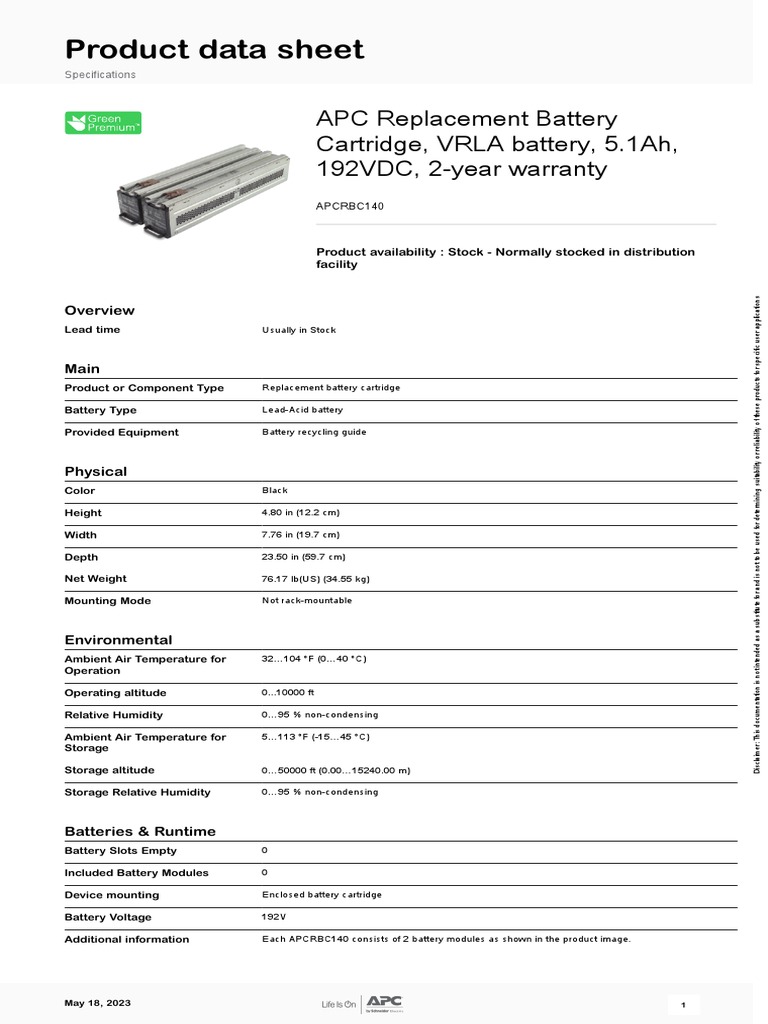 APC Replacement Battery Cartridge 192V | PDF | Physical Sciences