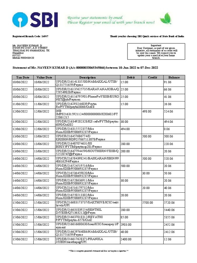 Naveen State Bank of India Acc Statement | PDF | Payments | Debits And ...