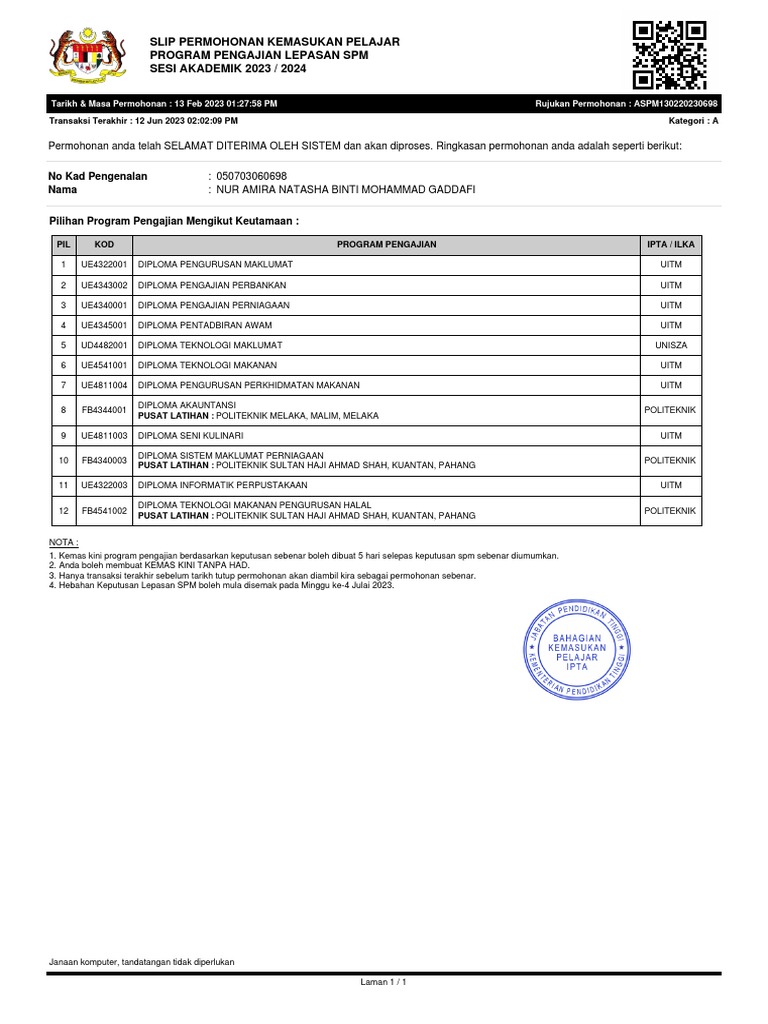 Nur Amira Natasha Binti Mohammad Gaddafi | PDF
