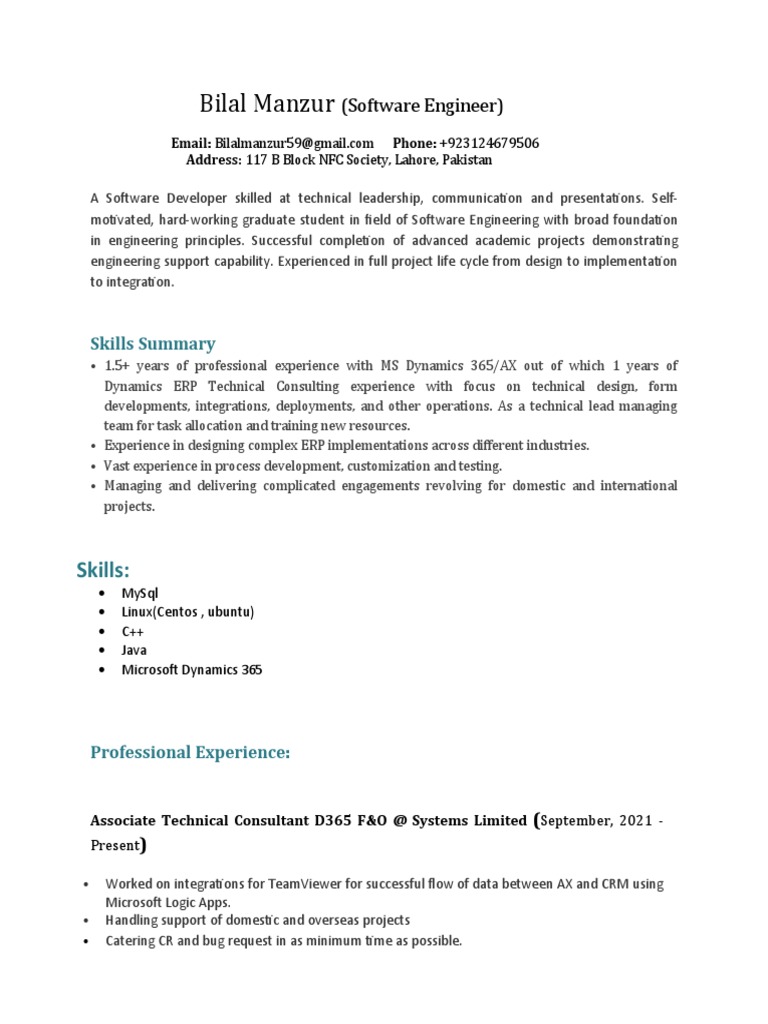 Bilal Manzur - D365 Technical Consultant | PDF | Computer Science | Information Technology